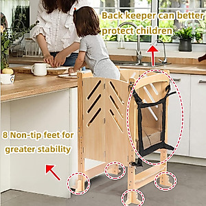 Foldable Toddler Kitchen Step Stool with 5-Level Height Adjustment，with Keeper and Graffiti Drawing Board .Wooden Toddler Tower for Toddlers Over 18 Months Old .（Natural）
