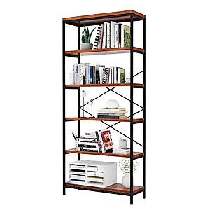 BATHWA Bookshelf, 6-Tier Industrial Bookshelves, Wood and Metal Bookcase, Free Standing Storage Vintage Bookshelf for Living Room, Bedroom and Home Office, Rustic Brown
