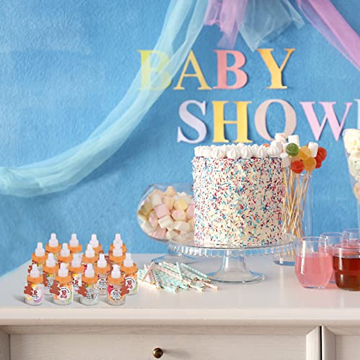 48 Pcs 1.5 x 3.4 Inch Mini Baby Bottle Shower Feeding Bottle Favor with 500 Adhesive Baby Shower Thank You Stickers and 48 Pcs Bear Shaped Decors for Baby Shower Party