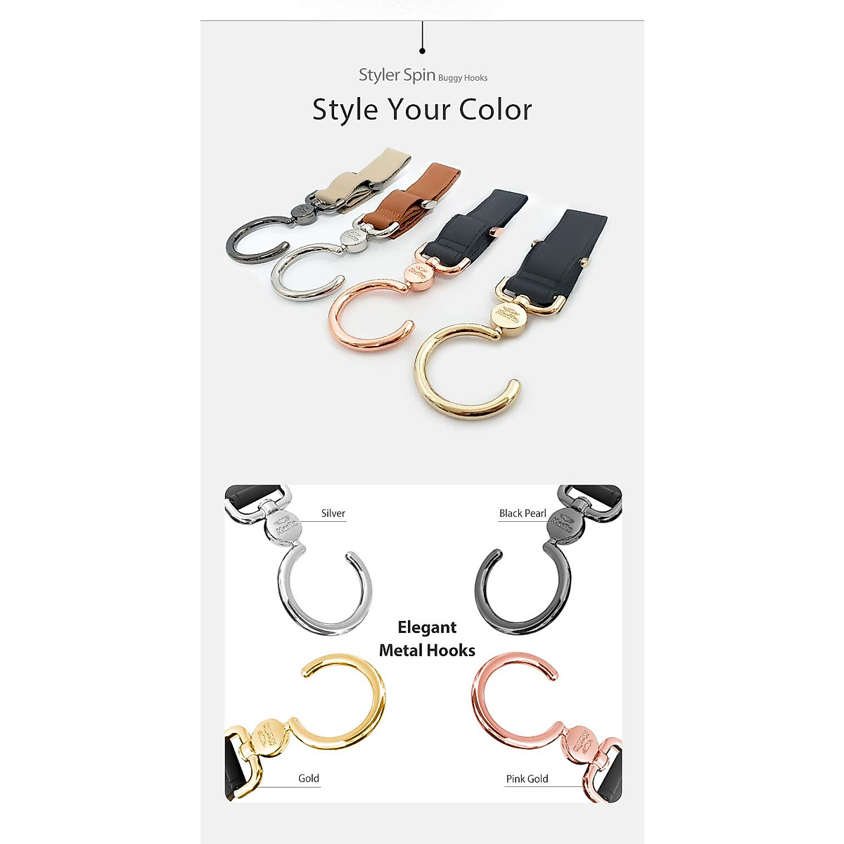 Manito Styler Spin Stroller Hooks (Pink Gold/Black)
