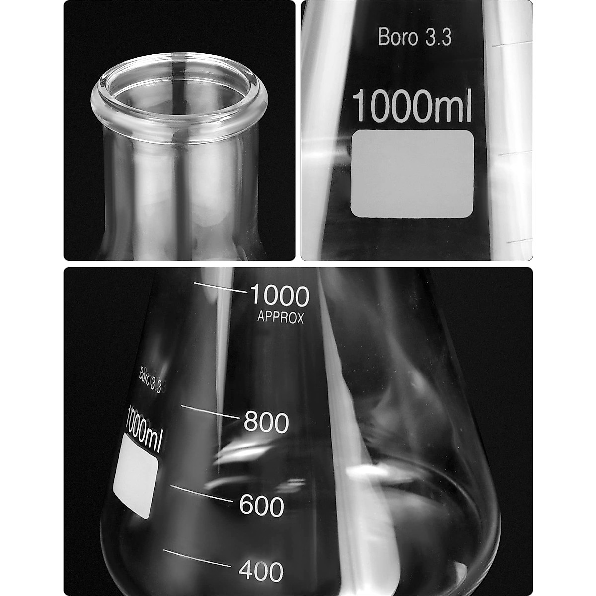 QWORK Erlenmeyer Flask Set - 50ml, 150ml, 250ml, 500ml & 1000ml - Narrow Neck, Clear Graduations - - Borosilicate 3.3 Glass - Ideal for Professional Lab Use