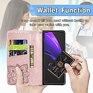 Bizzib for Samsung Galaxy Z Fold 3 5G Case Magnetic Closure Wallet,Embossed Floral Butterfly Leather Folio Flip Case with Card Slot Shockproof Protective Cover for Women Girls-Rose Gold