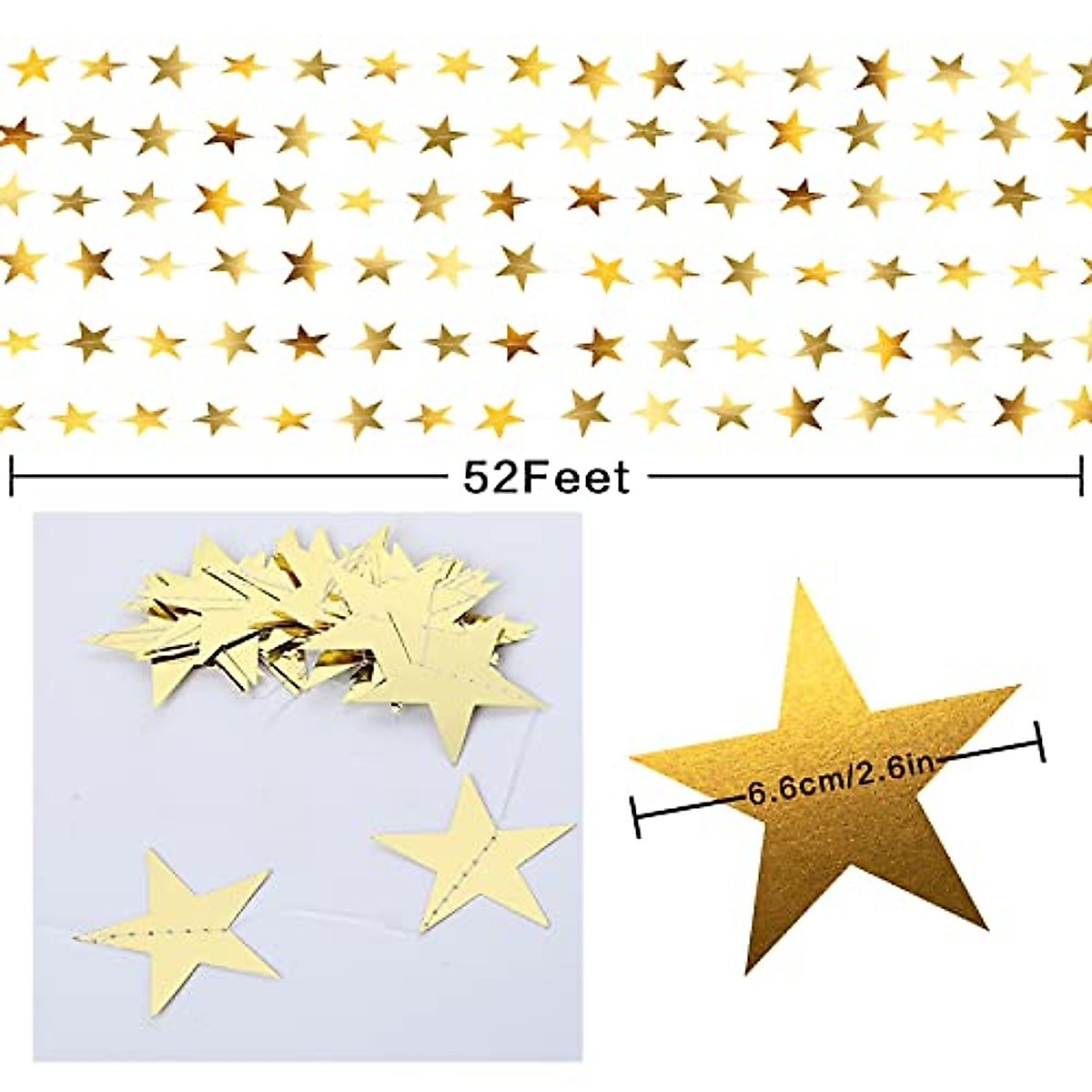 Reflective Star Paper Garland,52 Feet Glitter Star Garland Banner Decoration Sparkling Gold Star Banner Twinkle Little Star Garlands Reflective Banner Backdrop Decor for Christmas Wedding Birthday