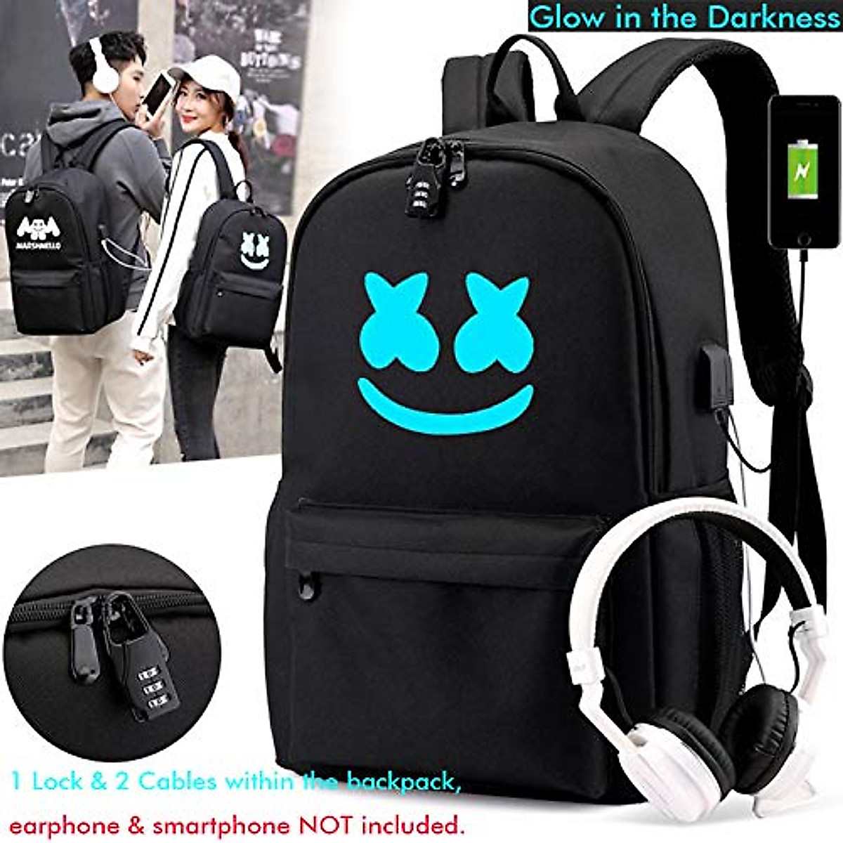 Mello Backpack Marshmallow Backpack Glow in Dark Smile Laptop Backpack for Boys USB Charging Backpack w/USB Headphone Ports & Cables & Lock (Classic Mello)