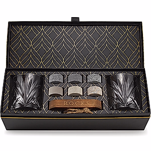 Whiskey Chilling Stones Gift Set - 6 Handcrafted Premium Granite Round Sipping Rocks - 2 Heavy Bourbon Glasses - Hardwood Presentation & Storage Tray - Elegant Gold Foil Gift Box by R.O.C.K.S.