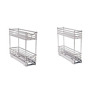Household Essentials Narrow Sliding Cabinet Organizers (7" and 5"), Two Tier Chrome Organizers, Great for Slim Kitchen and Bathroom Cabinets