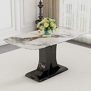 Pvillez 63" White Faux Marble Dining Table, Modern Kitchen Table for 4 6 People, Rectangular Dinner Room Table Marble Sintered Stone Top & Black Curved X Shape Pedestal Table for Dining Room Kitchen