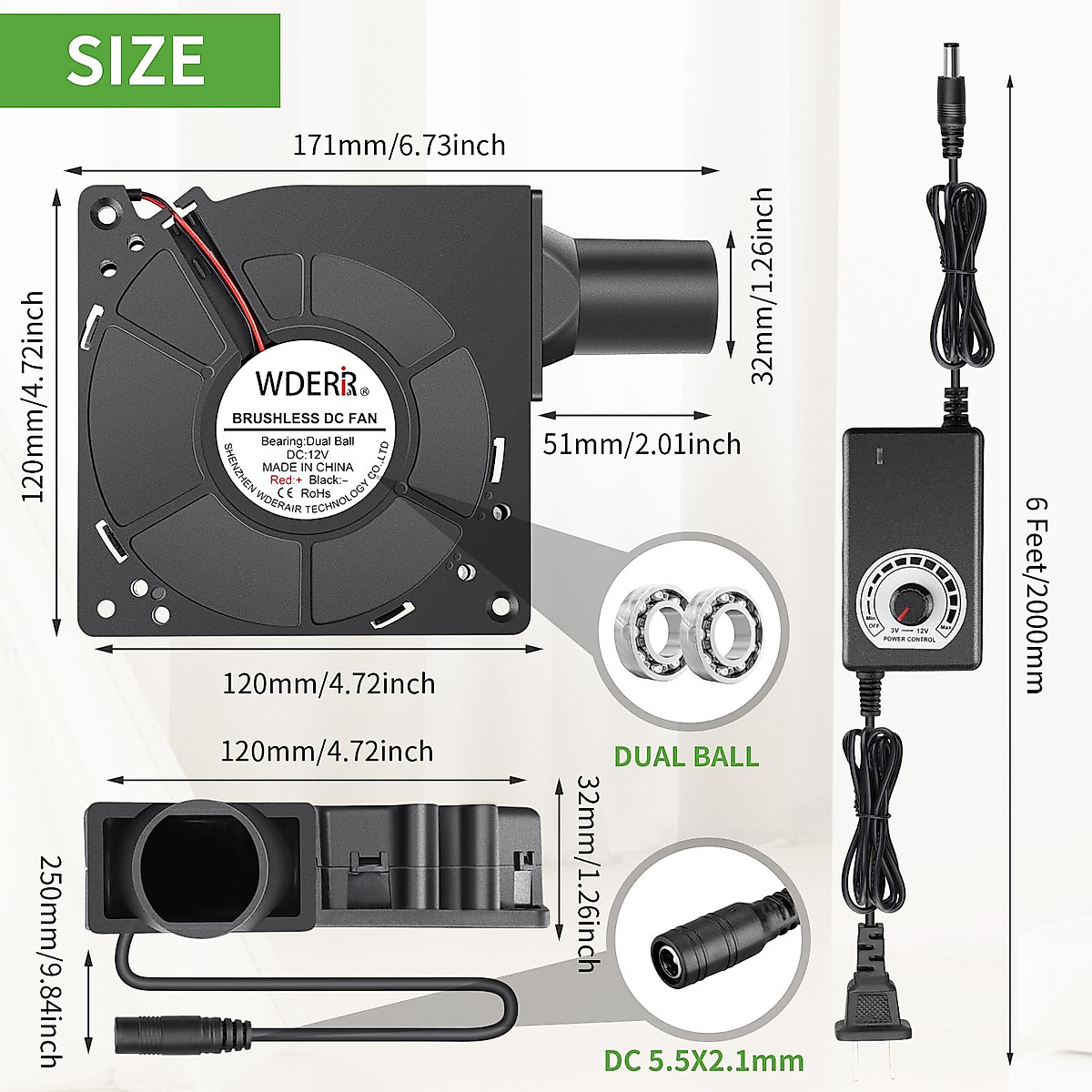 WDERAIR 120mm Small 12Volt Electric BBQ Blower Fan with Adjustable Controller for Squirrel Cage Centrifugal Air Blower、 Smoker Ventilation or Replacement Inflatables、Charcoal Starter、Barbecue Grill