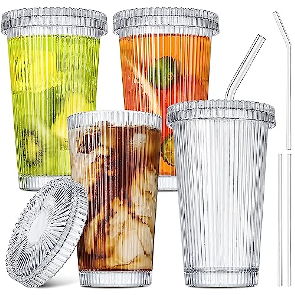 GMISUN Iced Coffee Cups with Lids, Glass Cups with Lids and Straws, Ribbed Glassware, Drinking Glasses Set of 4, Vintage Glassware Cocktail Glasses 14oz for Cocktail, Gift