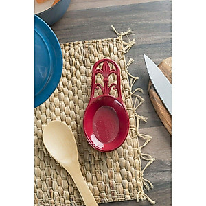 Linen Store Cast Iron 3 Piece Set Paper Towel Holder & Spoon Rest, Trivet Fleur De Lis Red