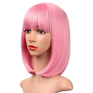 AISI BEAUTY Pink Bob Wigs with Bangs 12 Inch Short Straight Bob Wigs Colorful Synthetic Cosplay Daily Party Wig for Women