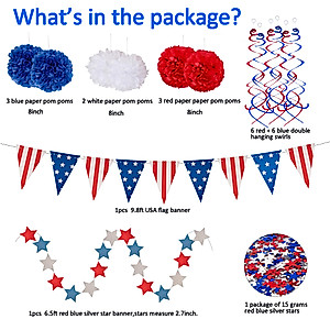 29PCS 4th/Fourth of July Patriotic Decorations Set - Red White Blue Paper Fans,USA Flag Pennant,Star Streamer,Pom Poms,Hanging Swirls Party Decor Supplies