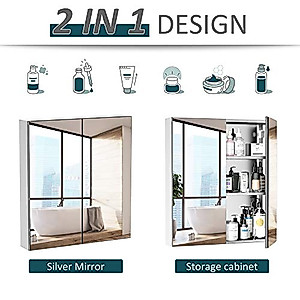 kleankin Bathroom Mirrored Cabinet, 24"x26" Stainless Steel Frame Medicine Cabinet, Wall-Mounted Storage Organizer with Double Doors, Silver