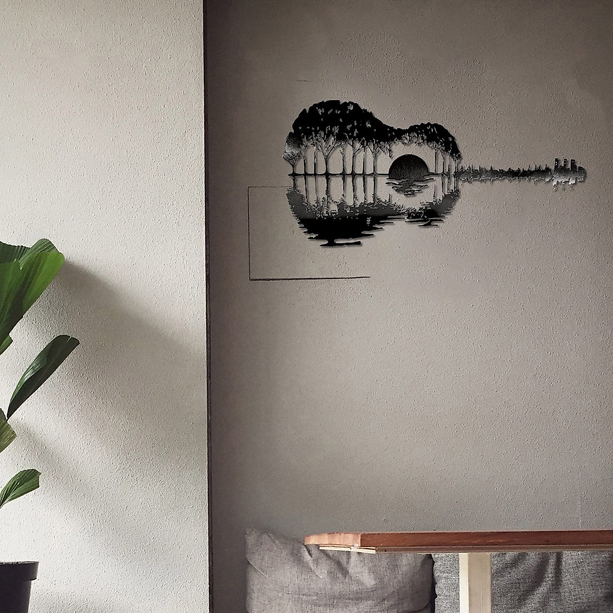 Abstract Guitar Metal Art Ideal Gift for Guitarist, Sunset Guitar Metal Wall Art Hanging Ornament, Metal Guitarist Art Wall Sculptures for Guitar Lover Home Decoration Music Wall Art Decor (Black)