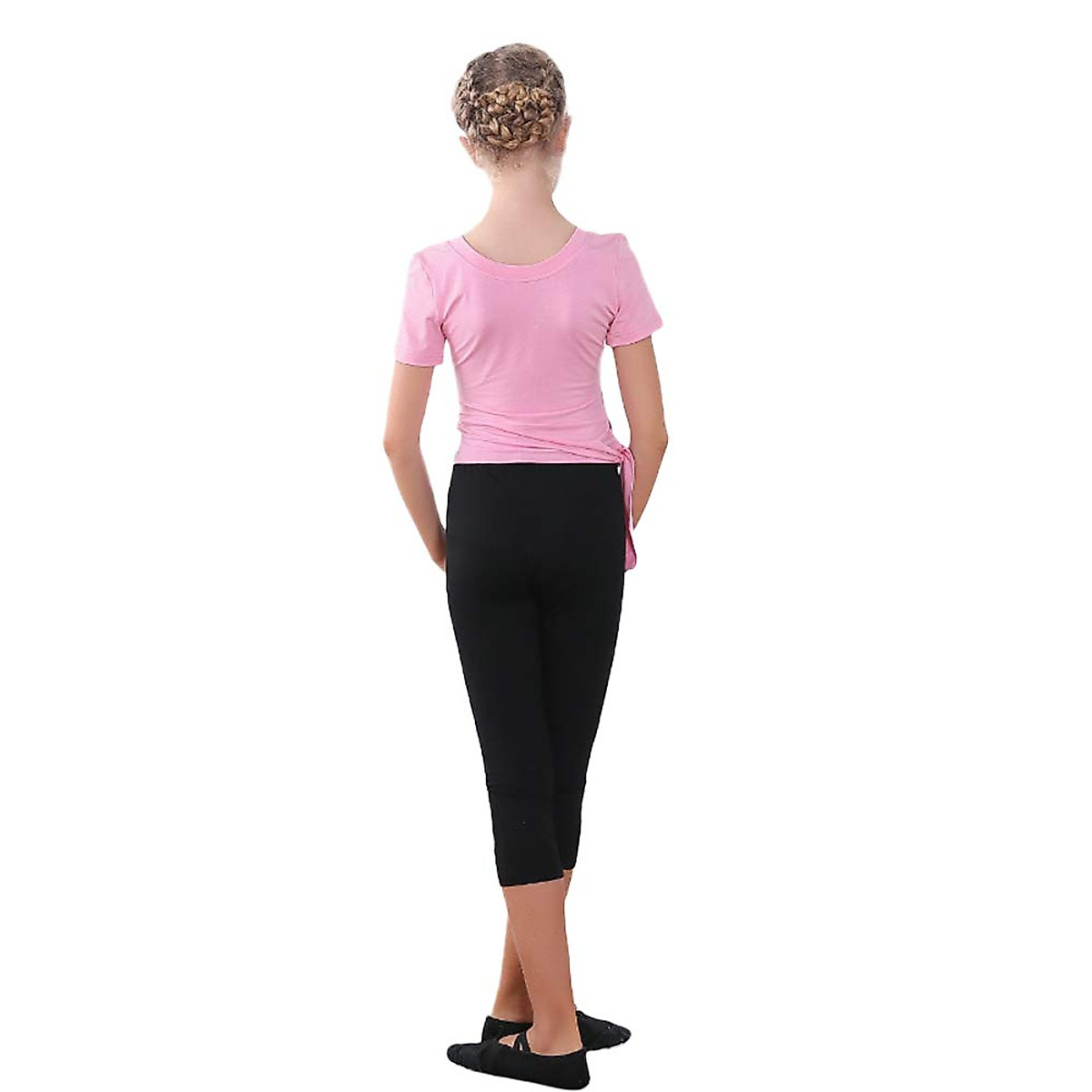 Girls Ballet Leotard Dance Outfits with Short Sleeves Top and Capri Leggings Kids Gymnastics Clothes Set Pink