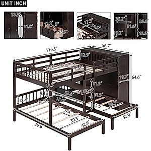 RORIGAT Full Over Twin&Twin Triple Bunk Bed with Large Wardrobe, Drawers and Shelves Storage, Wooden L-Shaped Bunkbed Frame w/Mirror for 3 Kids Teens Adults Bedroom, Full/Twin/Twin,Espresso