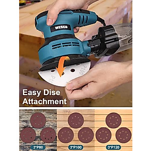 5" 3.0 Amp Corded Electric Random Orbital Sander, Cyclonic Dust Box, Soft Grip, Variable Speed 5000~12000 OPM, 12Pcs Sandpapers