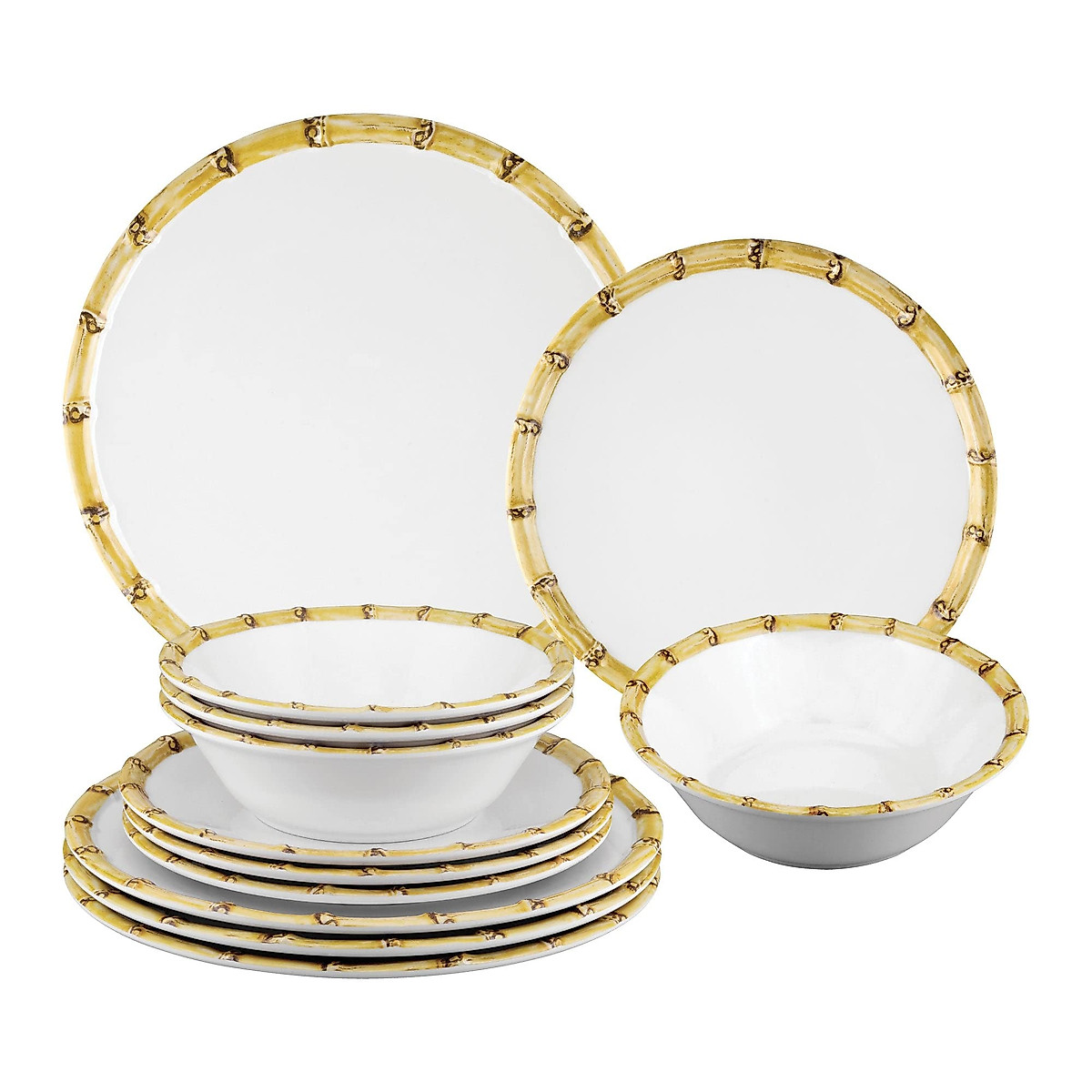 UPware 12-Piece Melamine Dinnerware Set, Includes Dinner Plates, Salad Plates, Bowls, Service for 4. (Bamboo)