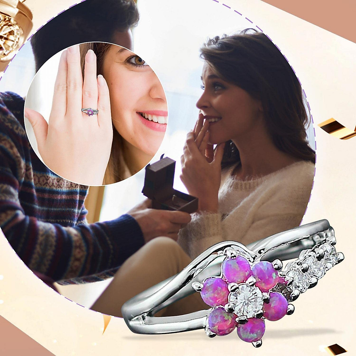 Exquisite Floral Opal Ring for Womens Pink/White Zircon Jewelry Rings Vintage Ladies Copper Ring Engagement Ring, 6