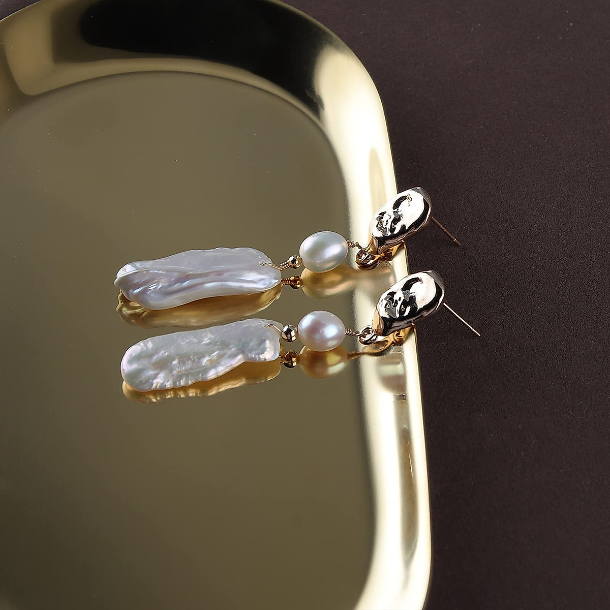 Baroque Keshi Pearls Stud Earring Natural Freshwater Pearls Dangle Earrings Gold Pearl Drop Earrings Jewelry S925 with 14K Gold Plated Modern Eardrop for Women