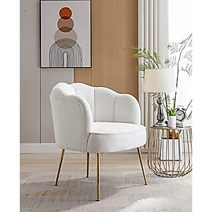 Goujxcy Modern Teddy Shell Barrel Chair Accent Armchair with Golden Legs for Living Room Bedroom Home Office, Tufted Back Club Chair (White7)