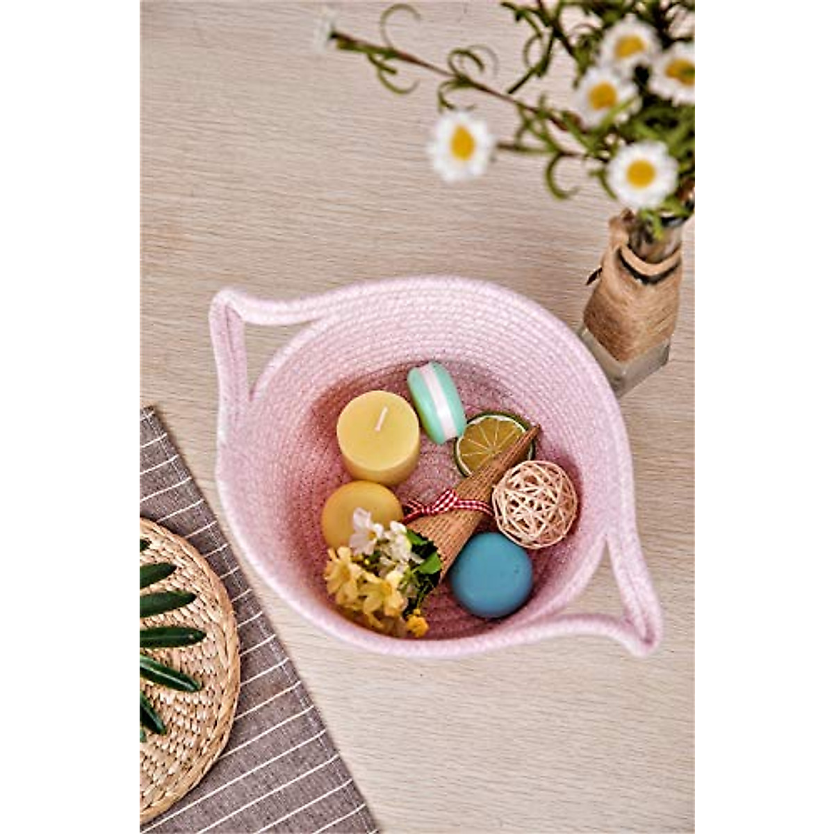 Set of 3 Pink Cotton Rope Baskets Small Storage Baskets for Keys Toys Little Items Cute Pink Baskets for Baby Room Living Room Mini Woven Baskets with Handles Organizer for Nursery Room