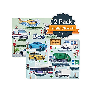 Passionfruit Kids French/English Bilingual Silicone Placemats | Colorful Educational Placemats for Toddlers | Non-Slip, Waterproof, Reusable Placemats for Kids | Vehicle Theme | 2 Pack