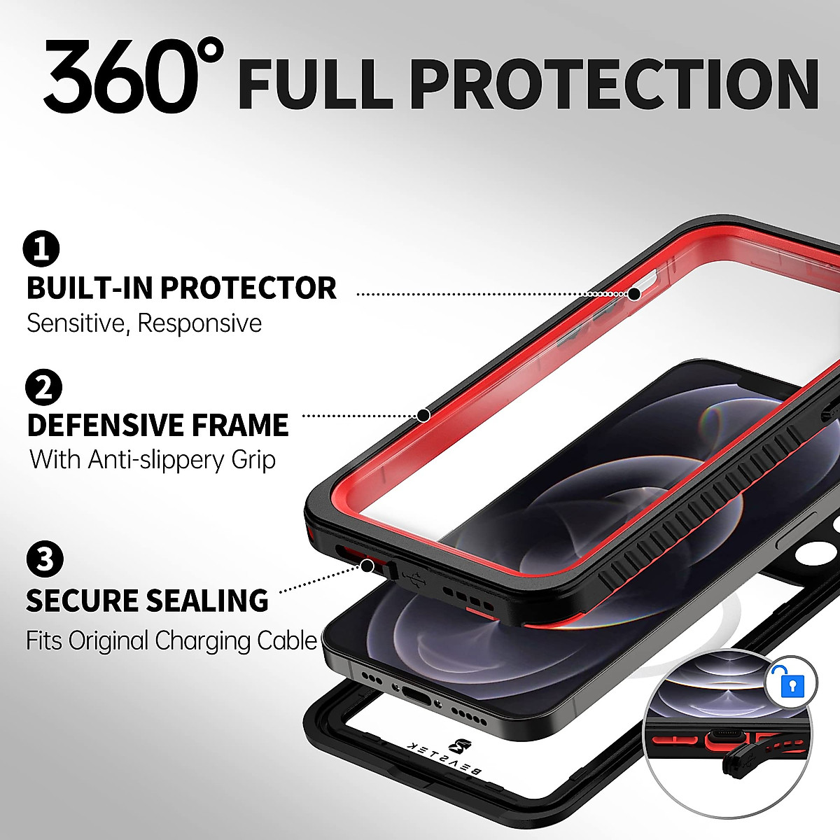 BEASTEK for iPhone 12 Pro Max Waterproof Case, FSN Series IP68 Magnetic Shockproof Case with Built-in Screen Protector and MagSafe Protective Cover, iPhone 12 Pro Max 6.7 inch (Red)