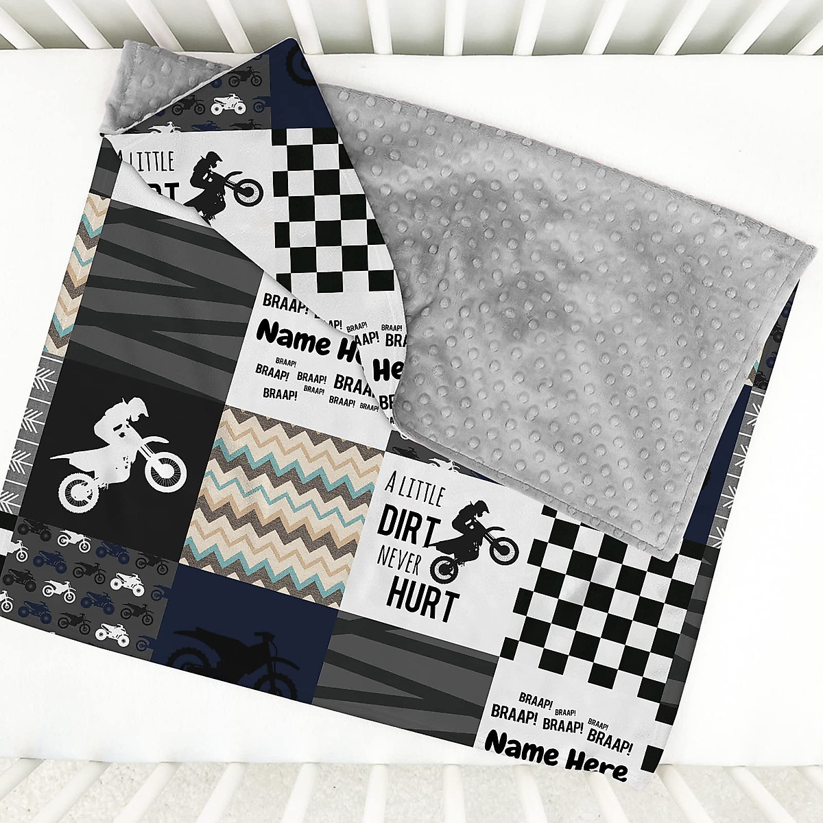 Personalized Motocross Dirt Bike Minky Baby Blankets with Name, Custom Motorcycle Blanket for Boys Kids - Neutral Motocross Baby Plaid Blanket for Infant Newborn