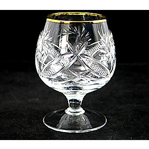 SET of 6 Russian Cut Crystal Stemmed Snifter Goblet for Cognac Scotch Whiskey, 24K Gold Rimmed 7 Oz. Glass, Vodka Liquor Old-fashioned Glassware, Hand Made