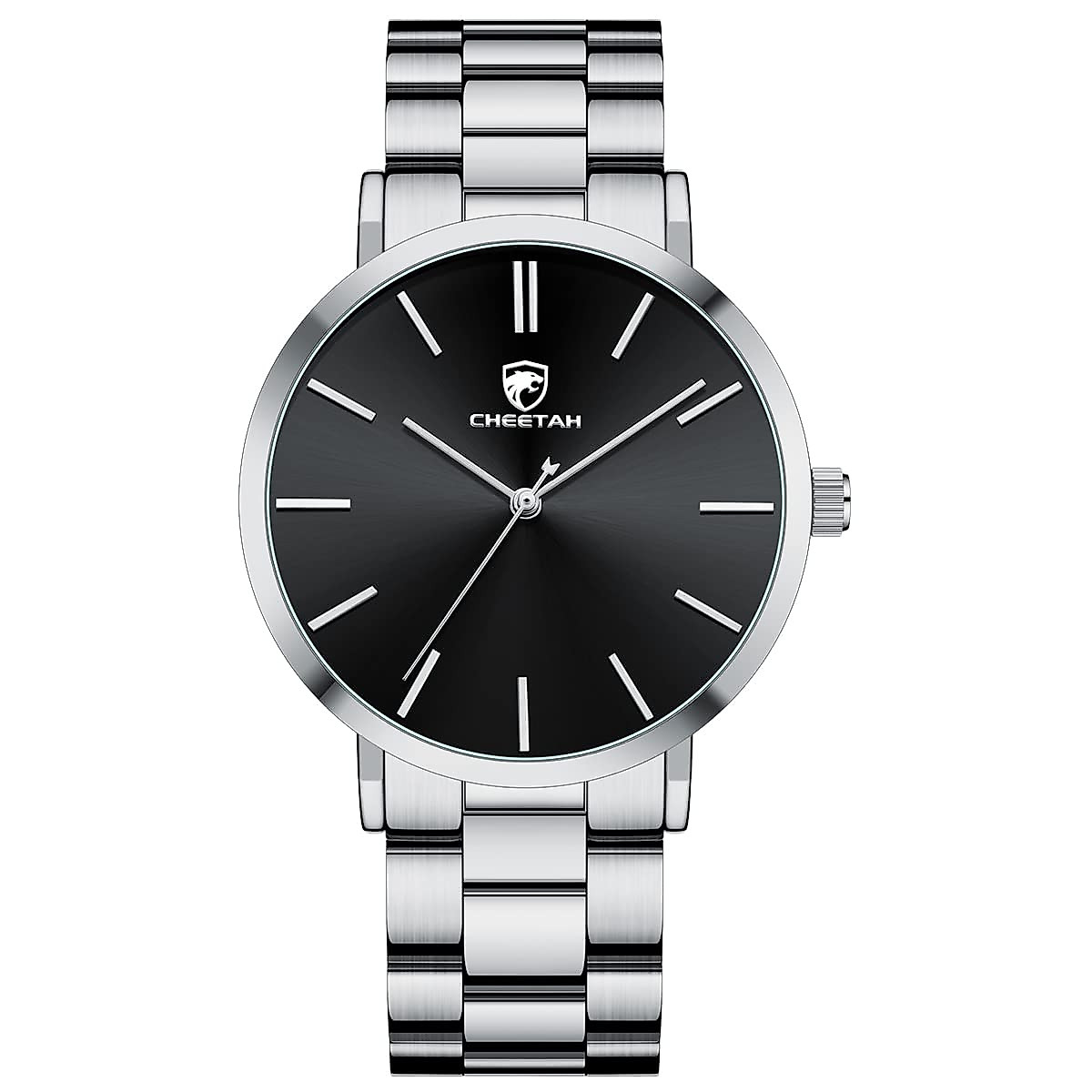 GOLDEN HOUR Men's Watches Slim Minimalist Runway Silver Stainless Steel Quartz Analog Watch with Black Face