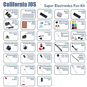 California JOS Electronics Component Fun Kit (Breadboard Super Kit) Bundle with Breadboard Cable Resistor, Capacitor, LED, Potentiometer, for Arduino, Respberry Pi