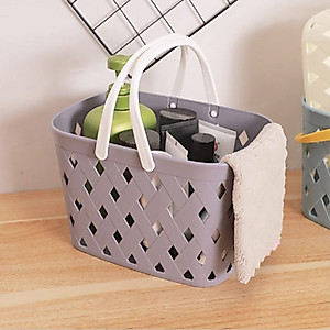 JiatuA Plastic Organizer Storage Basket with Handles, Woven Storage Bins for Bathroom, Kitchen, Closet, Bedroom (Light Gray)