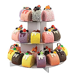 3-Tier White Round (12"W x 10"H) Cardboard Cupcake Stand Dessert Tower Treat Stacker Pastry Serving Platter Food Display