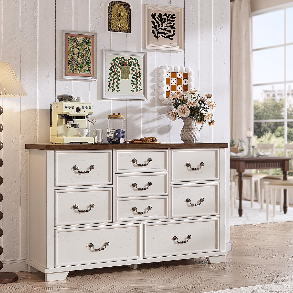 EnHomee Dresser for Bedroom with 9 Drawers, Rustic Wood Dressers & Chests of Drawers with Antique Handles and Smooth Rail, 51.97" Long Dresser TV Stand for Sitting Room, Entryway, Antique White