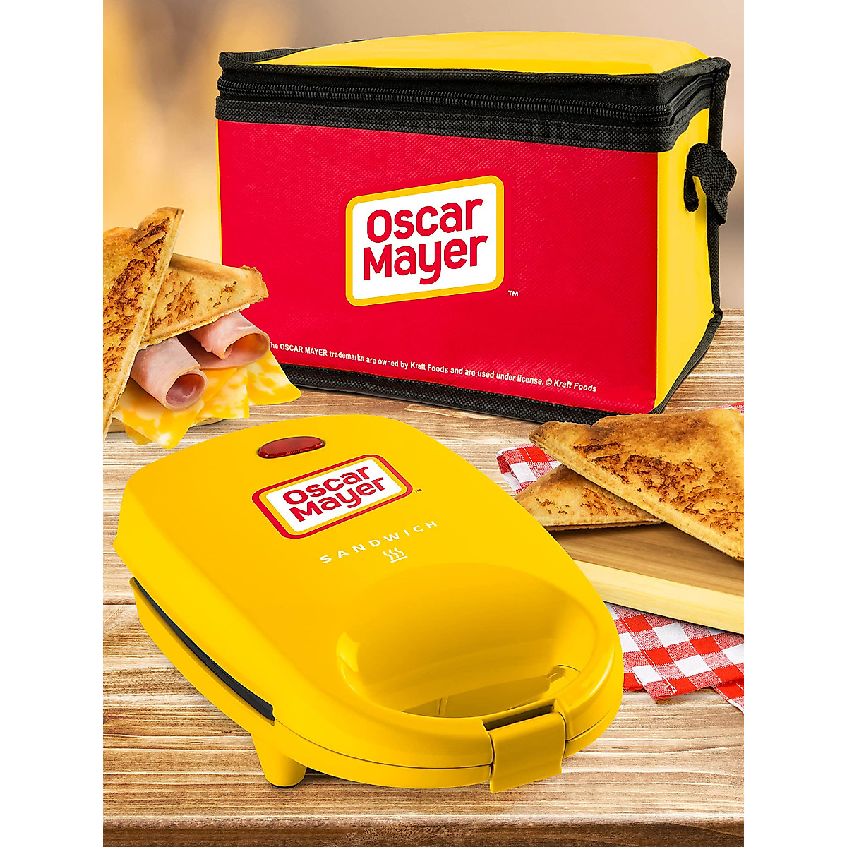 Nostalgia Oscar Mayer Sandwich Maker with Beverage Cooler Bag, 5-Inch Nonstick Cooking Surface with Indicator Lights and Lock Feature, Lunch and Beverage Tote Included, Yellow