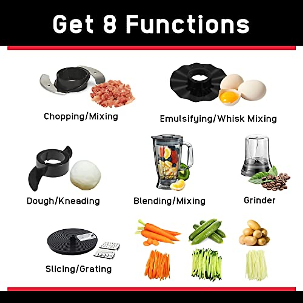 Kognita Blender and Food Processor Combo, 500W 8 in 1 Smart Kitchen Blender with 2 Speeds, 4 Stainless Steel Blades, Dough Blade and Emulsifying Disc for Chopping,Kneading,Shredding and Slicing - 6-Cup Bowl,Silver