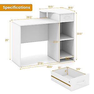 Giantex Computer Desk with Storage, Modern PC Laptop Table with 5-Position Adjustable Shelf, Drawer & Cable Hole, Compact Study Writing Desk Workstation for Small Spaces Home Office, White