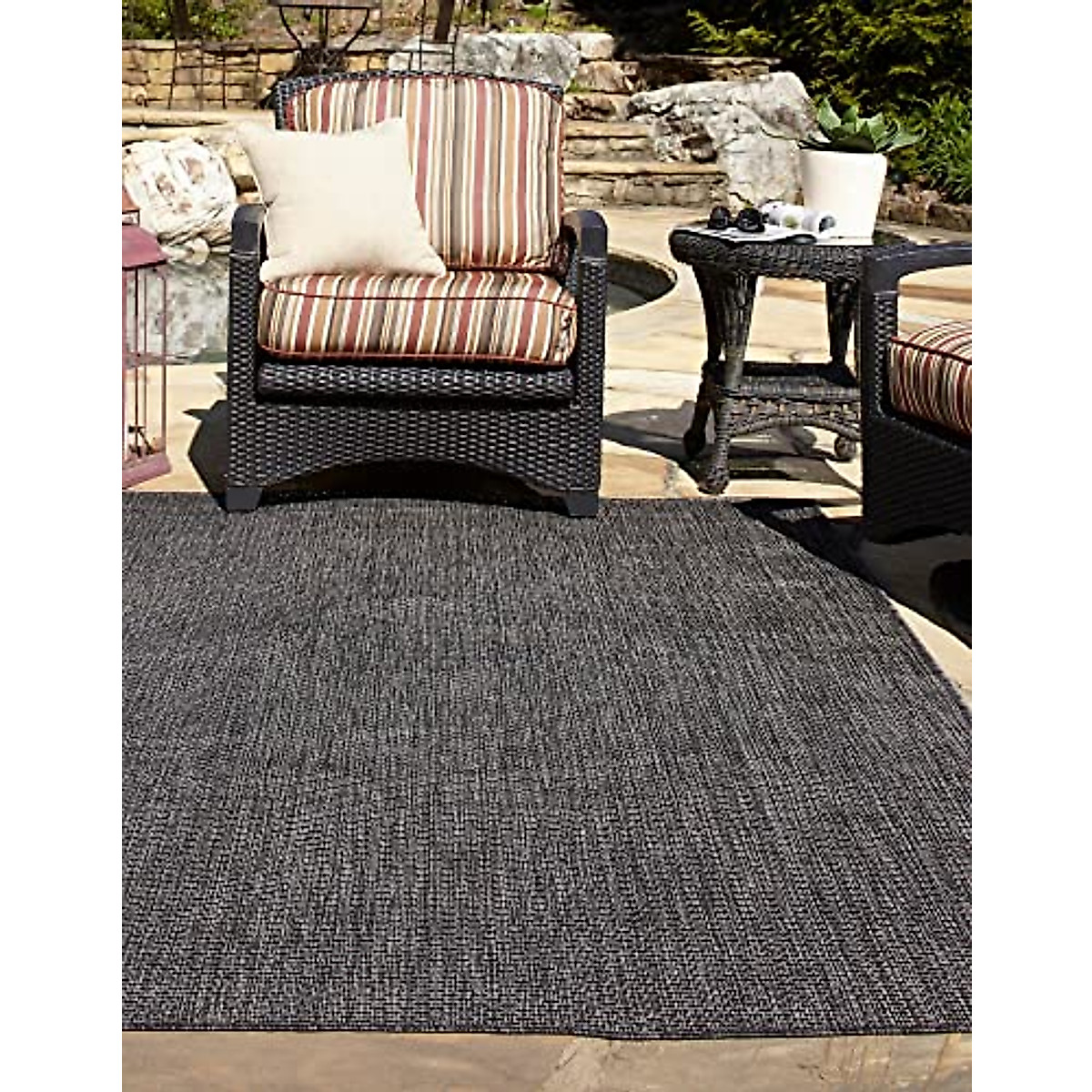 Unique Loom Collection Casual Transitional Solid Heathered Indoor/Outdoor Flatweave Area Rug, Rectangular 5' 0" x 6' 0", Black/Beige