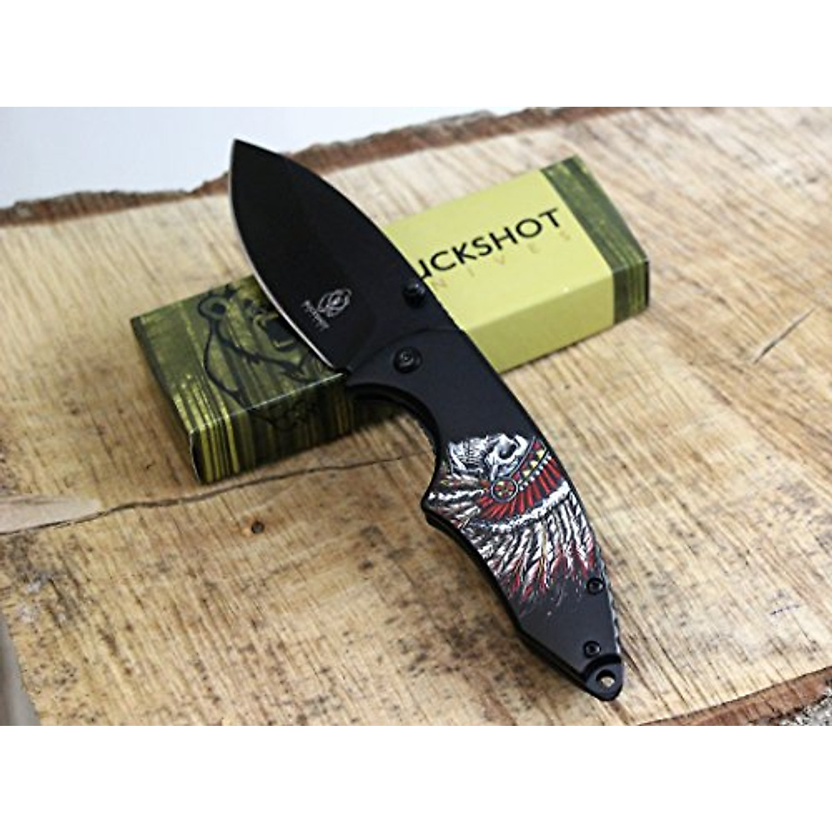 Buckshot Knives PBK221 Thumb Open Spring Assisted Tanto Cleaver Classic Wood Handle Pocket Knives (PBK221BK)