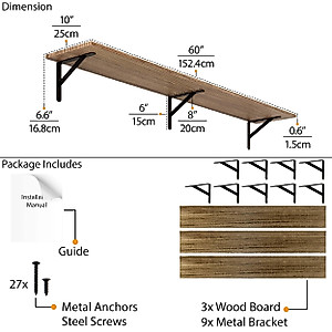 Wallniture Forme 60 inch Long x 10 in Deep Rustic Floating Shelves for Wall, Wall Book Shelves for Living Room, Wall Shelves Home Office, Laundry Room, Wall Shelf Set of 3, Burnt, Wood