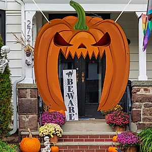 Justforjoyful Halloween Pumpkin Door Banner Party Decorations Scary Pumpkin Photo Booth Prop Cover Large Creepy Photography Backdrop Sign for Front Door Porch Halloween Trick or Treat Party Supplies