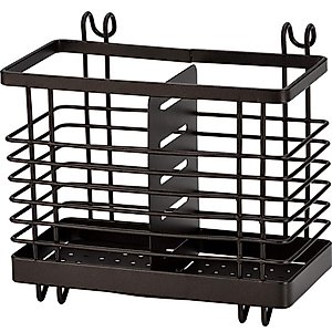 LLygezze Hanging Metal Mesh Utensil Drying Rack, 2 Compartments Draining Basket for Chopsticks Spoon Fork Knife Holder (Coffee)