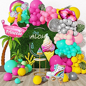 137PCS Pink Teal Balloon Garland Arch Kit with Hot Pink Silver Disco Roller Skate Balloon for Priness Theme Birthday Party Girl Summer by Beach Pool party decorations