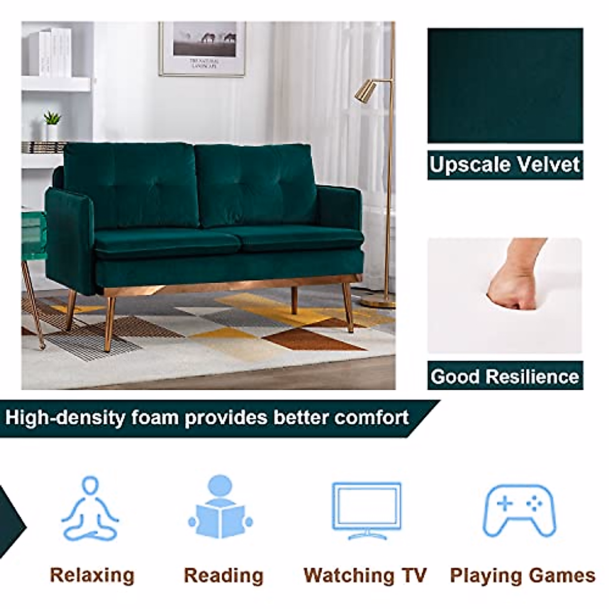 Baysitone 56-inch Small Velvet Sofa, Modern Loveseat Couch with Rose Golden Metal Legs, 700 Pounds Weight Capacity, Twin Size Sofa Couch with Removable Cushion for Living Room and Bedroom (Green)