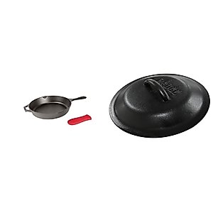 Lodge Cast Iron Skillet with Red Silicone Hot Handle Holder, 10.25-inch 10-1/4-Inch Cast-Iron Lid
