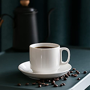 BTaT- Stackable Tea Cups and Saucers, White, Set of 6 (8 oz), Cappuccino Cups, Coffee Cups, White Tea Cup Set, British Coffee Cups, Porcelain Tea Set, Latte Cups