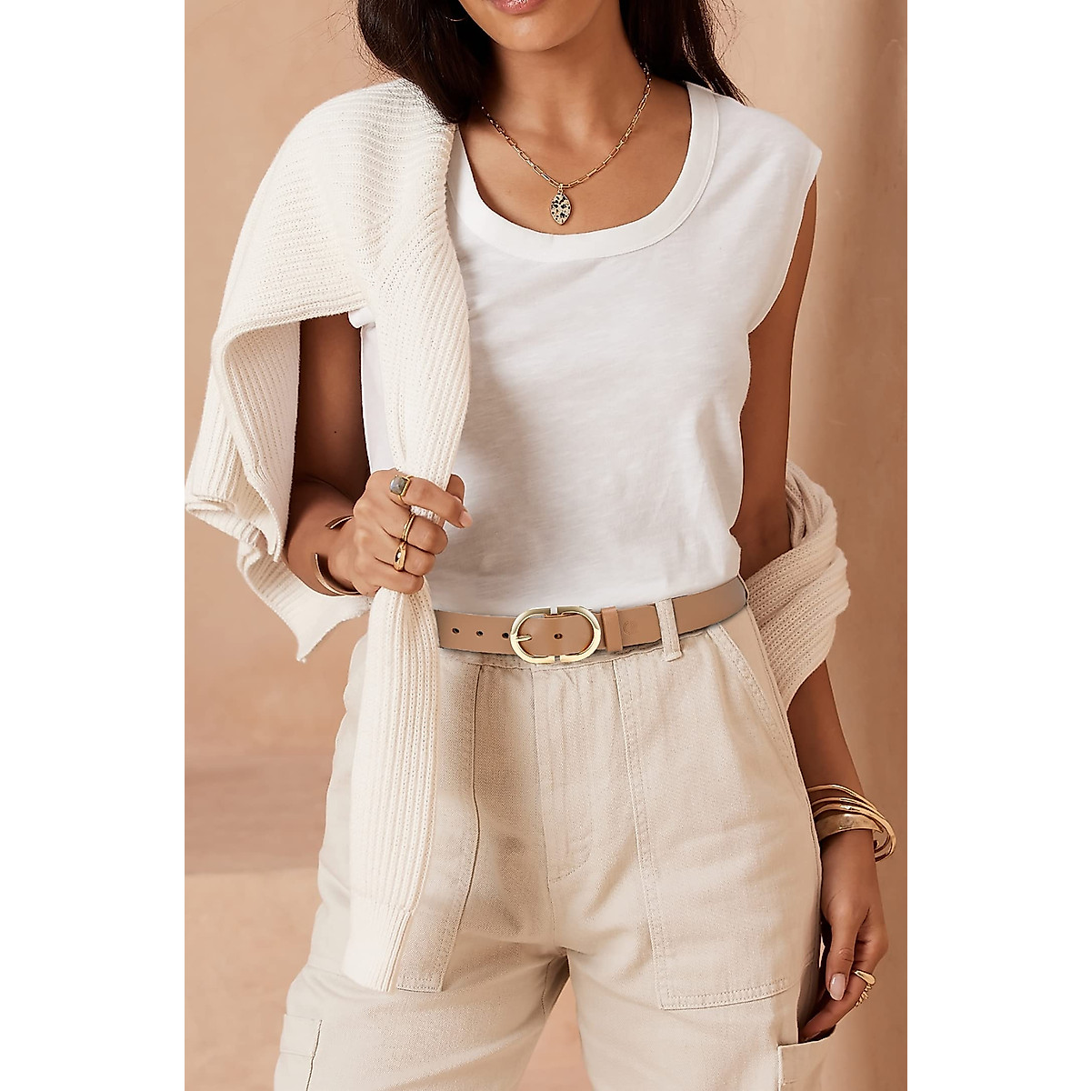 CR Womens Brown Leather Belts for Jeans Pants - 1.3" Width Casual Ladies Tan Belt - Fashion Center Bar Gold Buckle