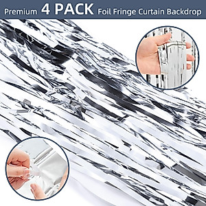 4 Pack 3.2ft x 8.2ft Silver Foil Fringe Curtain Backdrop Metallic Tinsel Foil Fringe Curtains Photo Booth Backdrop for Birthday Party Decorations Christmas Baby Shower Party Decorations (Silver)
