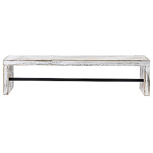 MyGift Shabby White Washed Solid Wood Sunglasses Display Shelf with Black Metal Hanging Bar, Wall Mounted Decorative Shelving and Eyewear Glasses Organizer Rail